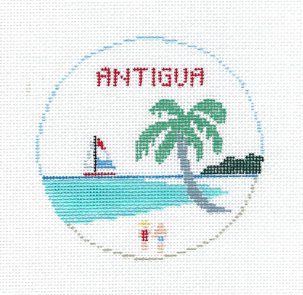 Travel ~ ISLAND of ANTIGUA 4" Round handpainted Needlepoint Canvas orn ...