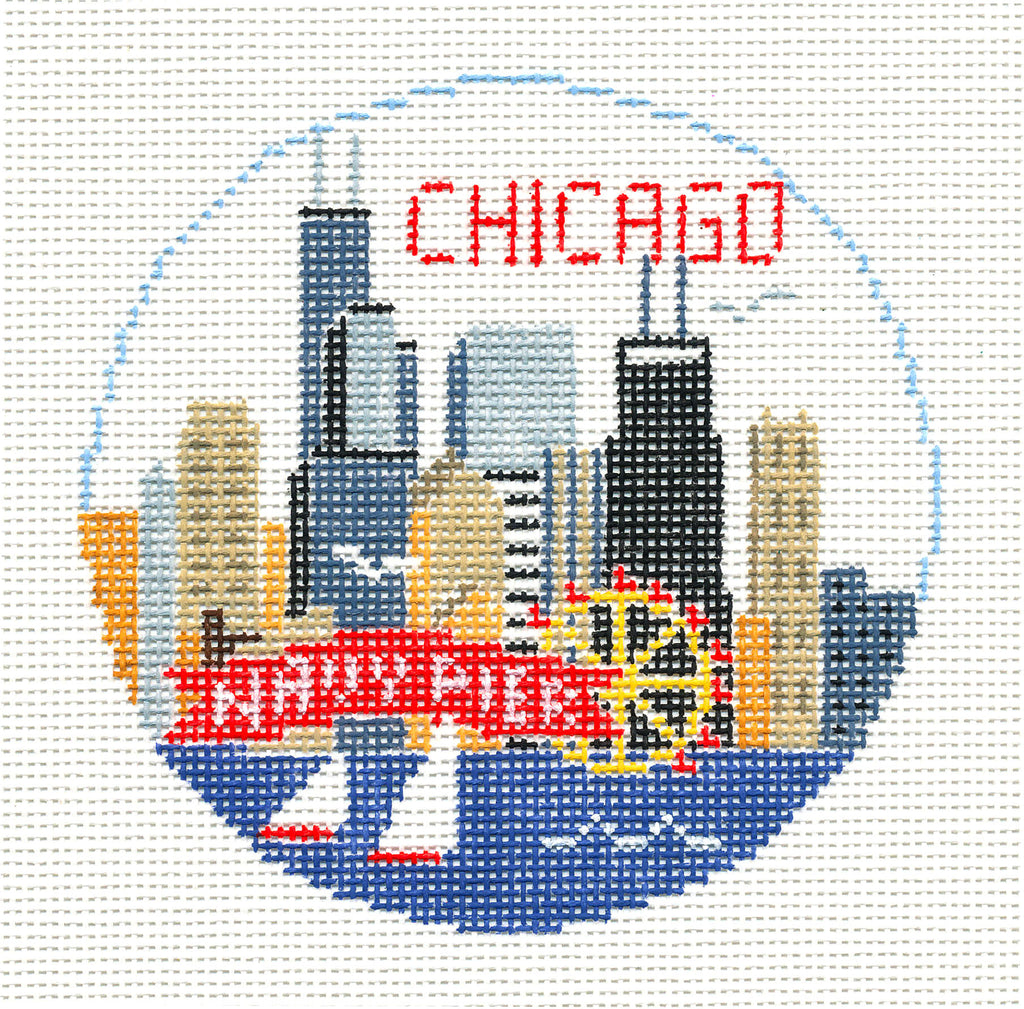 Travel Round ~ CHICAGO, ILLINOIS handpainted 4" Needlepoint Canvas by ...