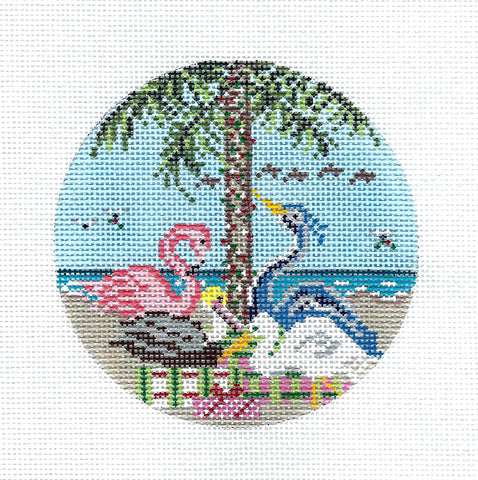 4" Round Ornament – Tagged "Feathered Friends" – Needlepoint by Wildflowers
